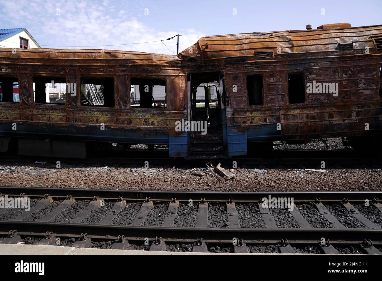 A suburban train destroyed as a result of shelling by Russian troops ...