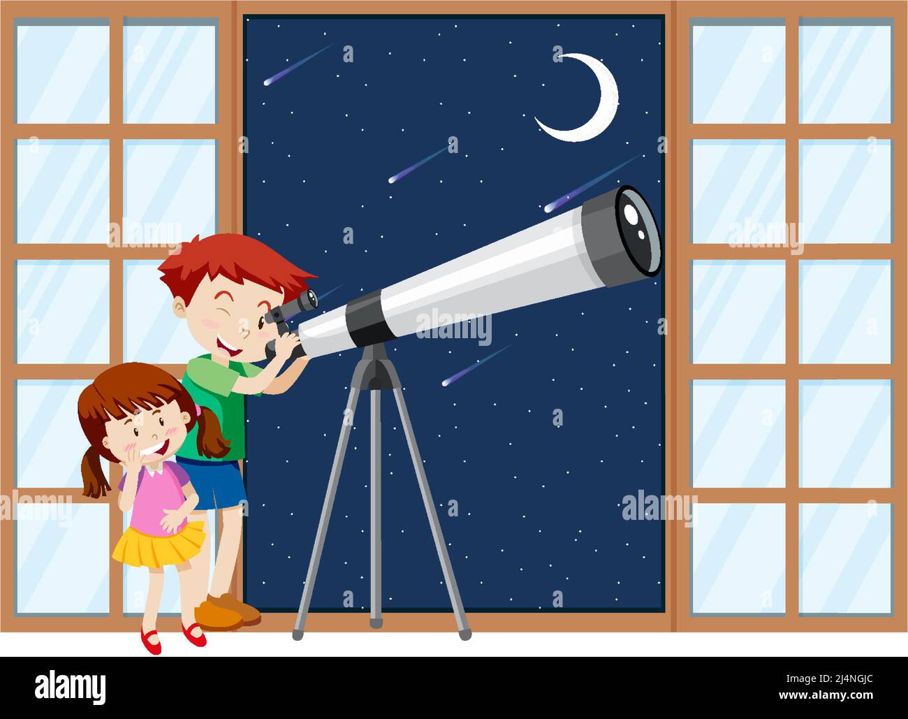 Kids observe night sky with telescope illustration Stock Vector Image ...