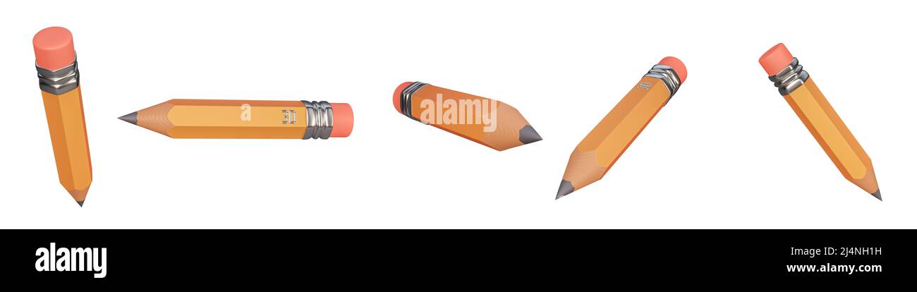 Realistic short yellow pencil set with rubber eraser isolated white ...