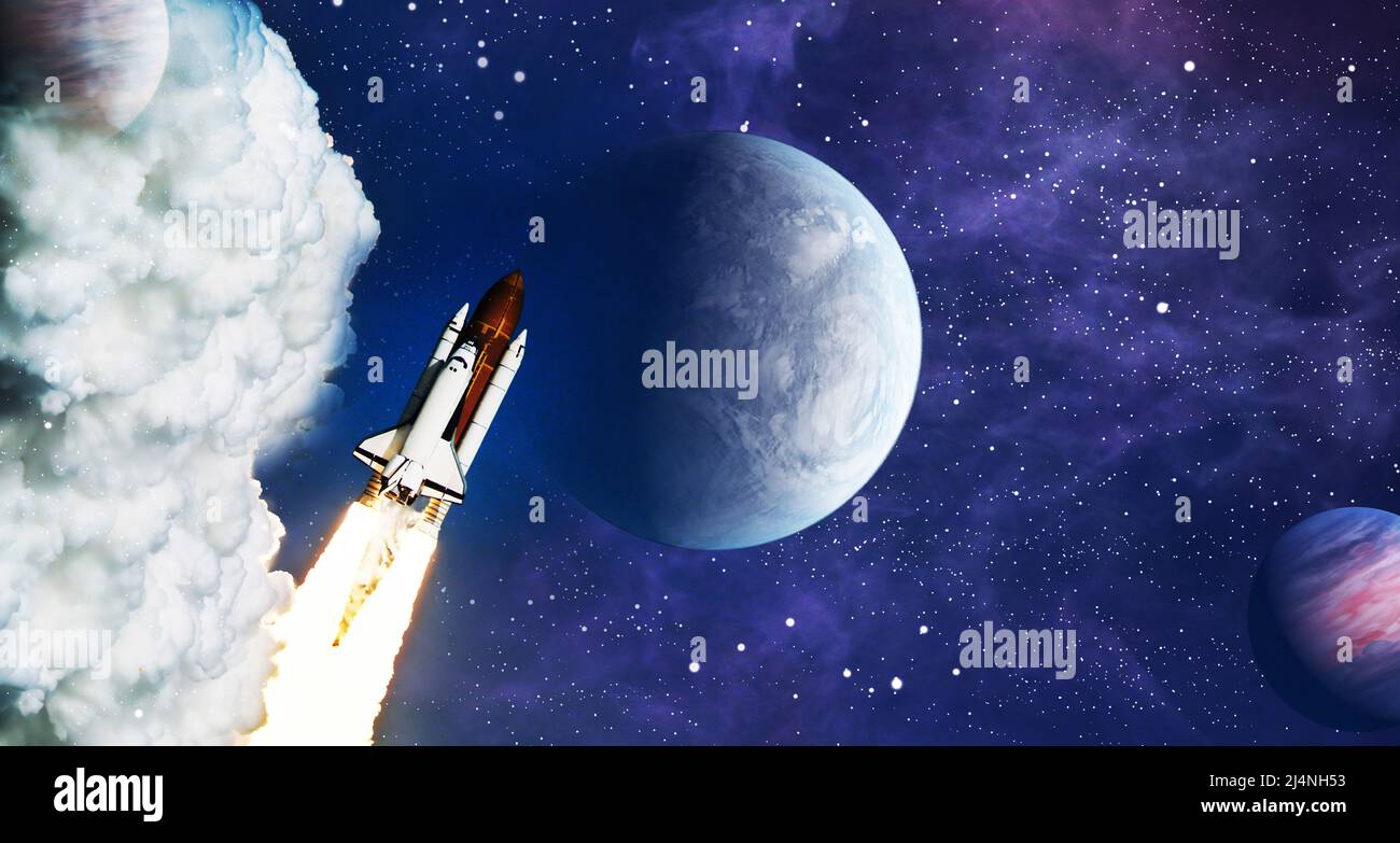 Spaceship takes off into the starry sky. Launch of Space . Elements of ...