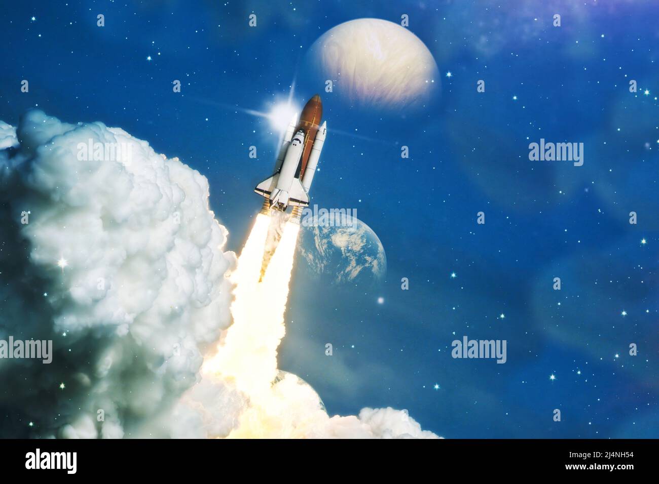 Spaceship takes off into the starry sky. Launch of Space . Elements of ...