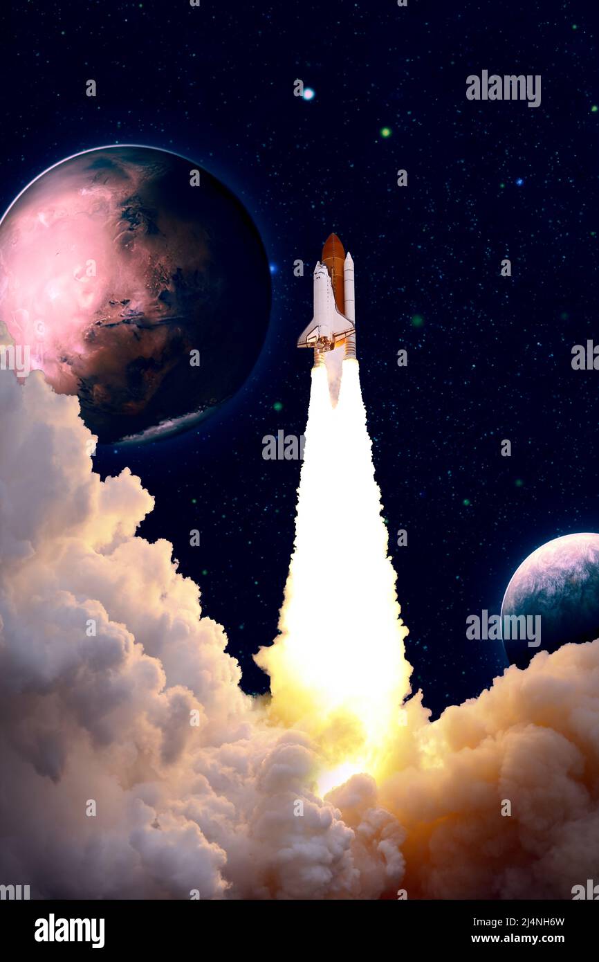Spaceship takes off into the starry sky. Launch of Space . Elements of ...