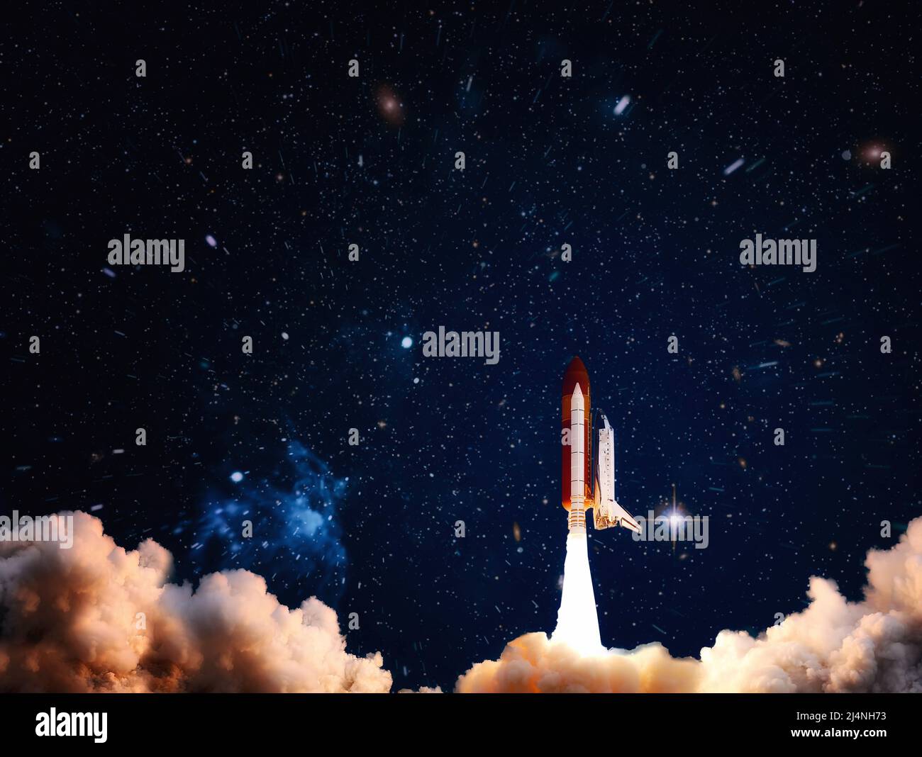 Spaceship takes off into the starry sky. Launch of Space . Elements of ...