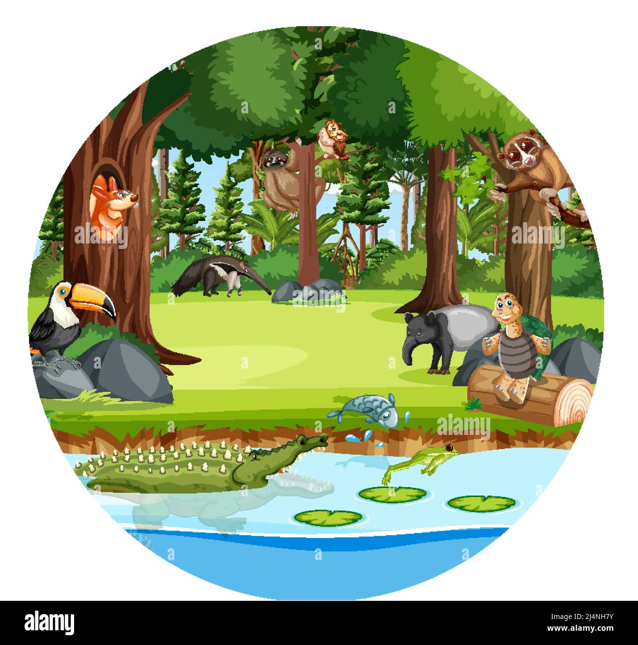 Forest in round shape with wild animals illustration Stock Vector Image ...