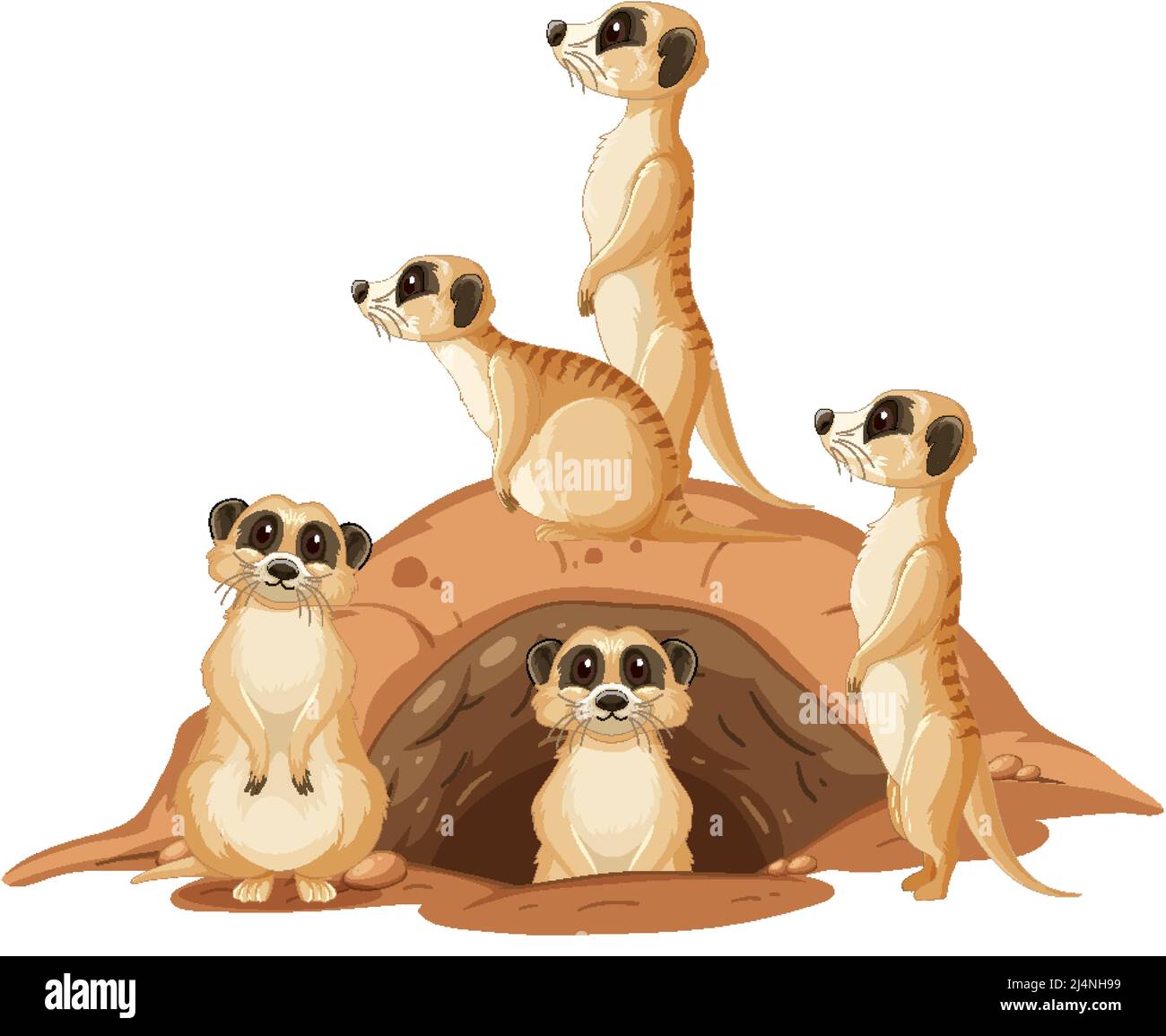 Group of meerkats with burrow on white background illustration Stock ...