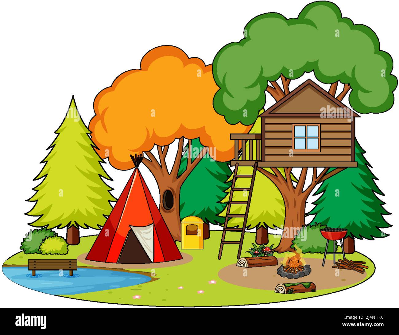 Camping scene with tent and campfire illustration Stock Vector Image ...