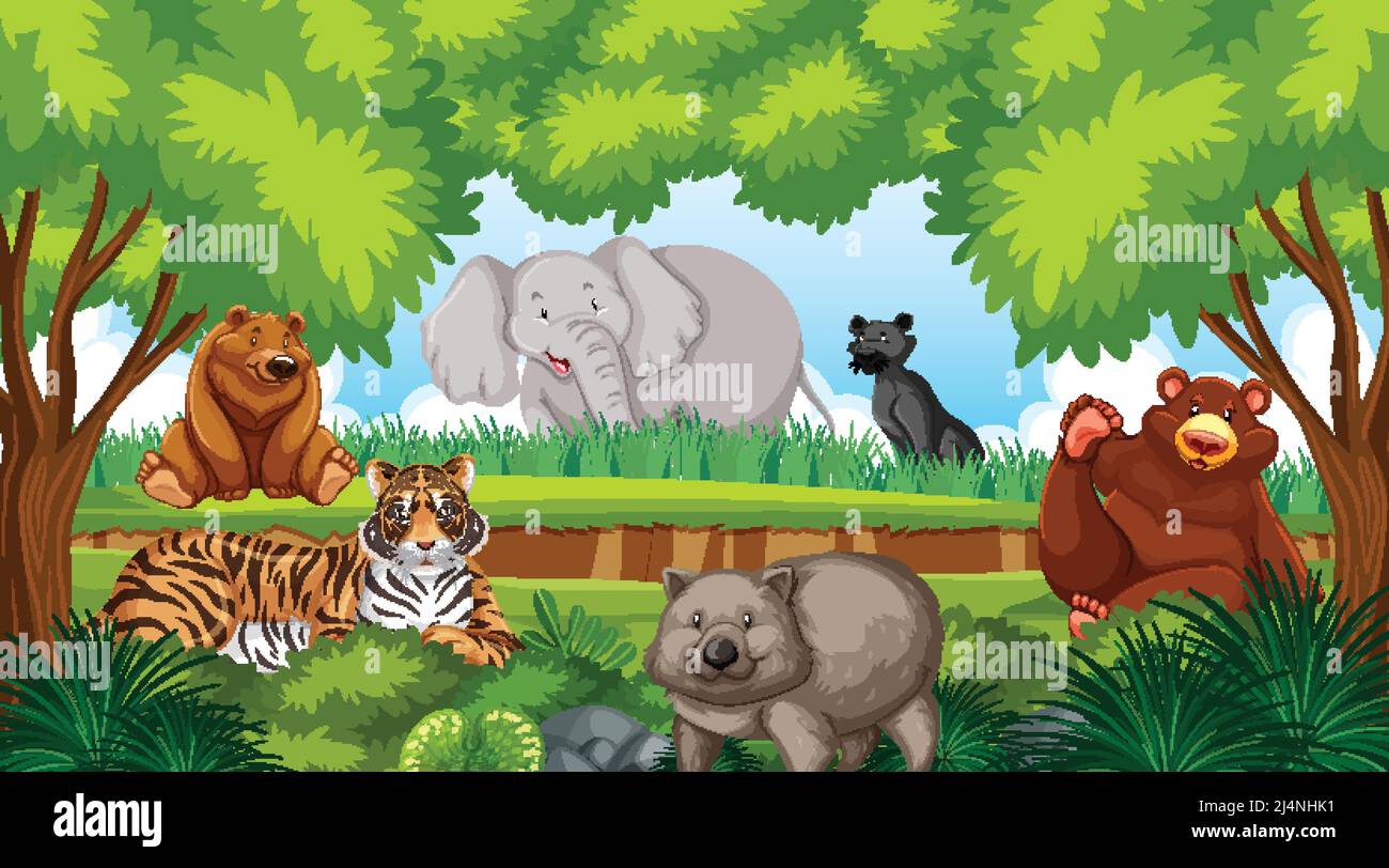 Forest scene with wild animals cartoon characters illustration Stock ...