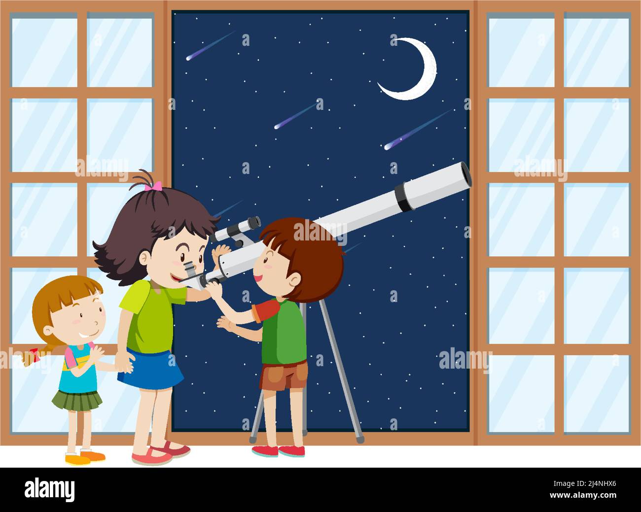 Kids observe night sky with telescope illustration Stock Vector Image ...
