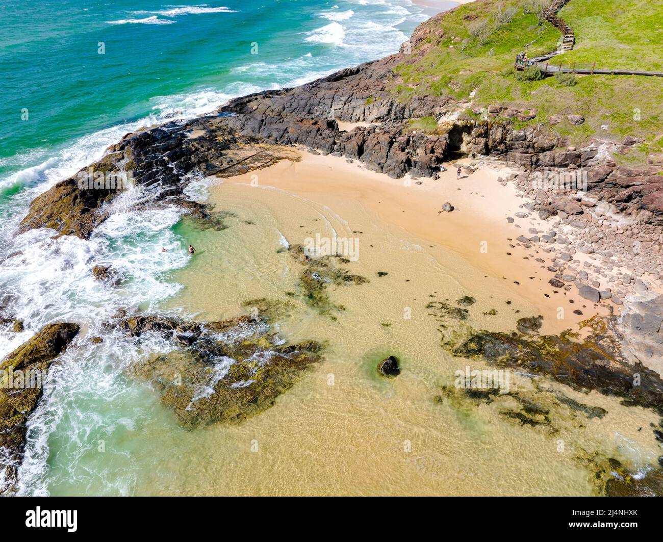 Aerial view of Champagne Pools on the east coast of Fraser Island ...