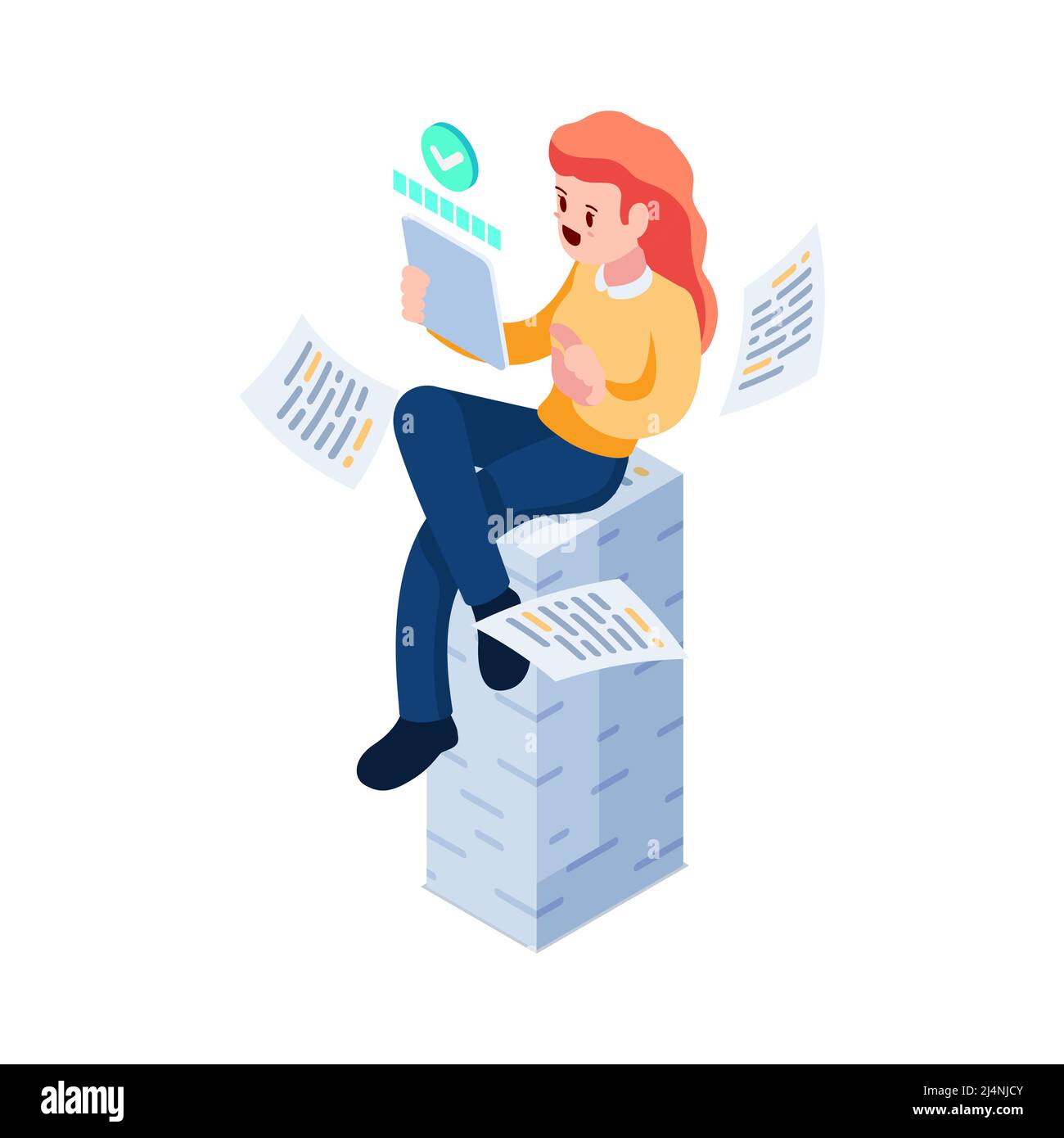 Flat 3d Isometric Woman Working on Digital Tablet on Stack of Document ...
