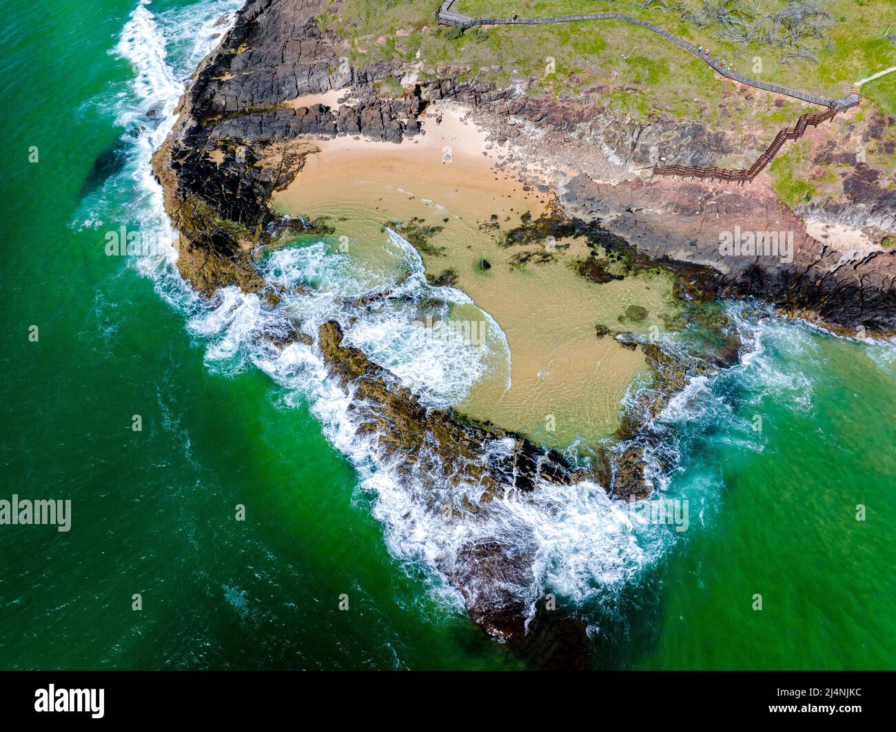 Aerial view of Champagne Pools on the east coast of Fraser Island ...