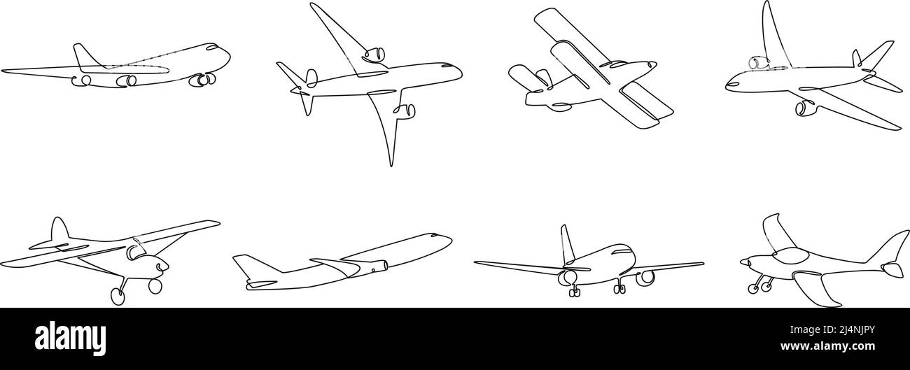 One line airplane. Travel aviation, private plane and airlines linear ...