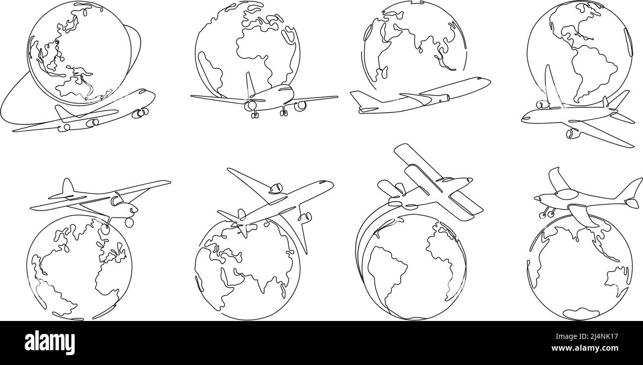 One line world airlines. Airplane around globe, worldwide plane travels ...