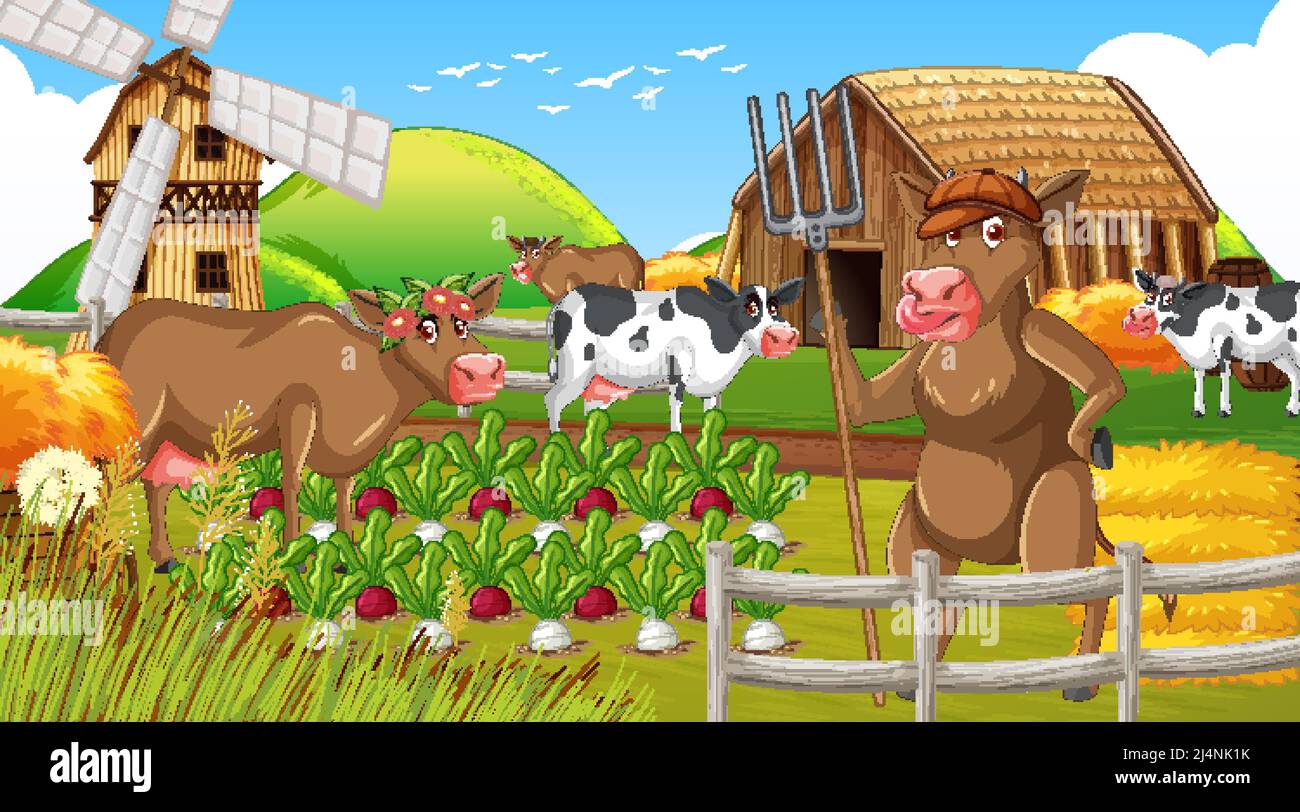 Outdoor cow farm scene with happy animals cartoon illustration Stock ...