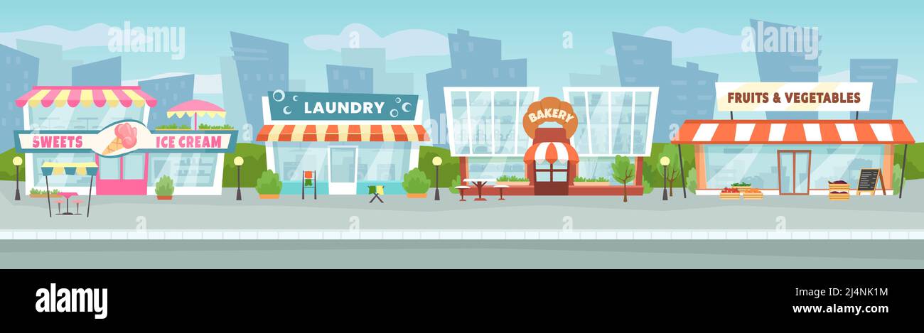 Street shops. Market street around town road, city downtown with local ...