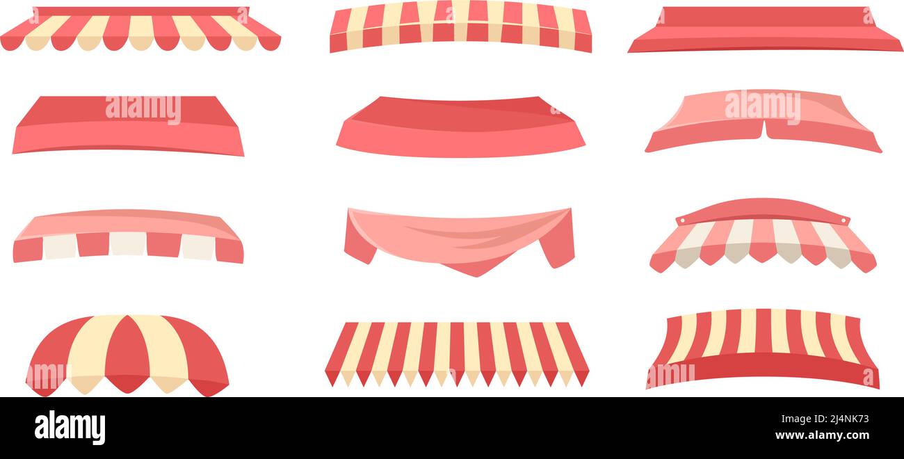 Store awnings. Restaurant tent, shop canopy with red stripes and market roof vector set Stock ...