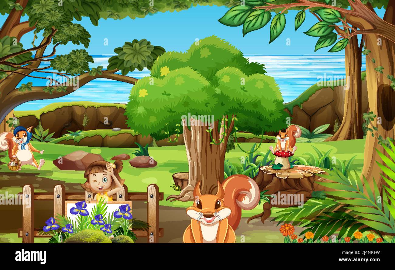 Nature Scene With Many Trees And Squirrels Illustration Stock Vector