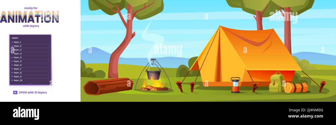 Summer camp in forest with tent and bonfire. Vector parallax background ...