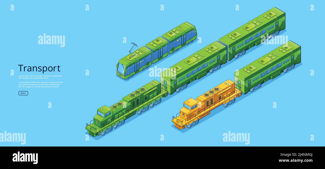 Banner with isometric tram and trains with locomotive and wagons ...