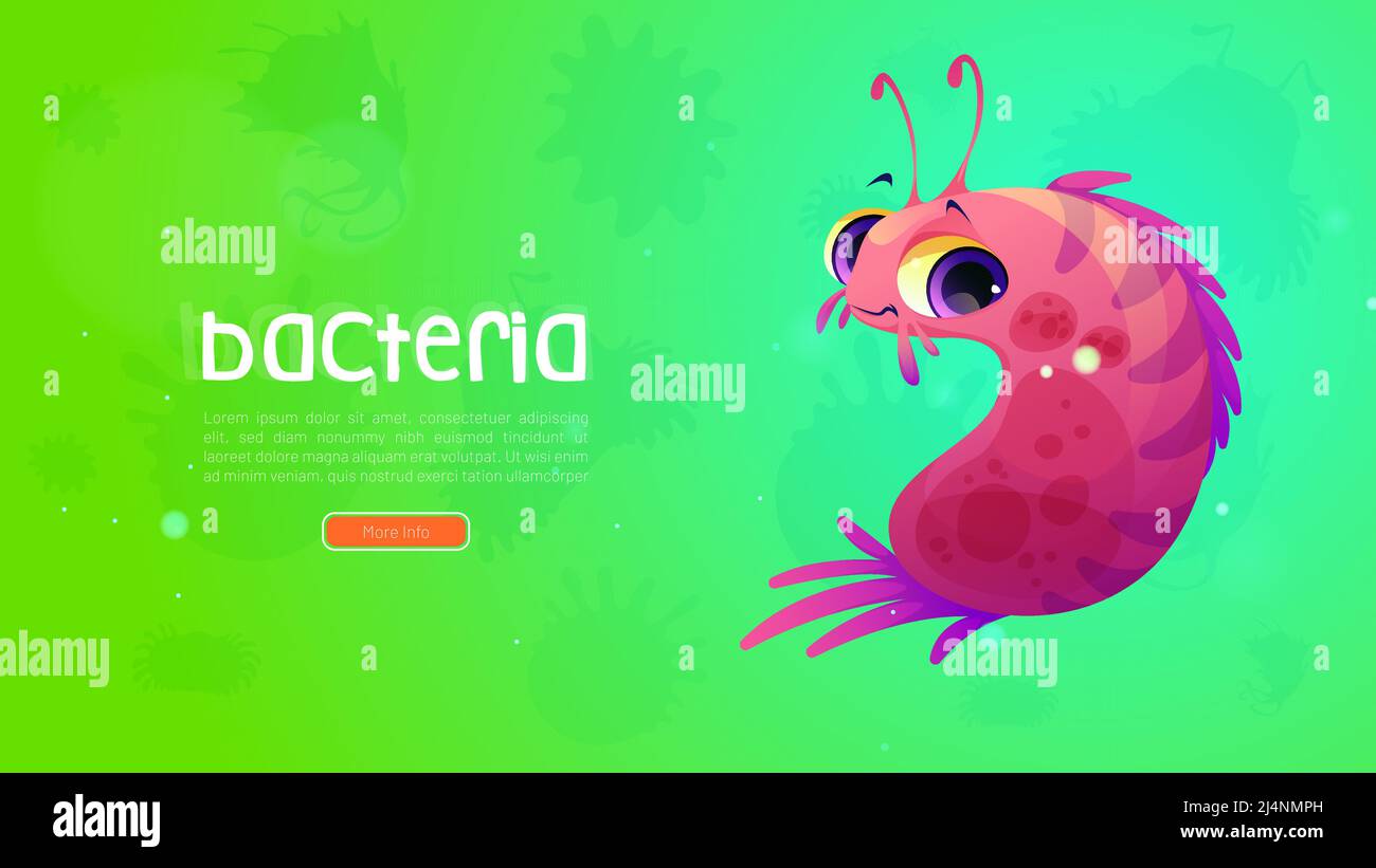 Bacteria banner with funny microbe character on green background ...