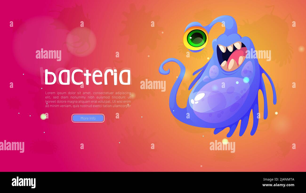 Bacteria cartoon web banner, cute one-eyed virus cell or germ character ...