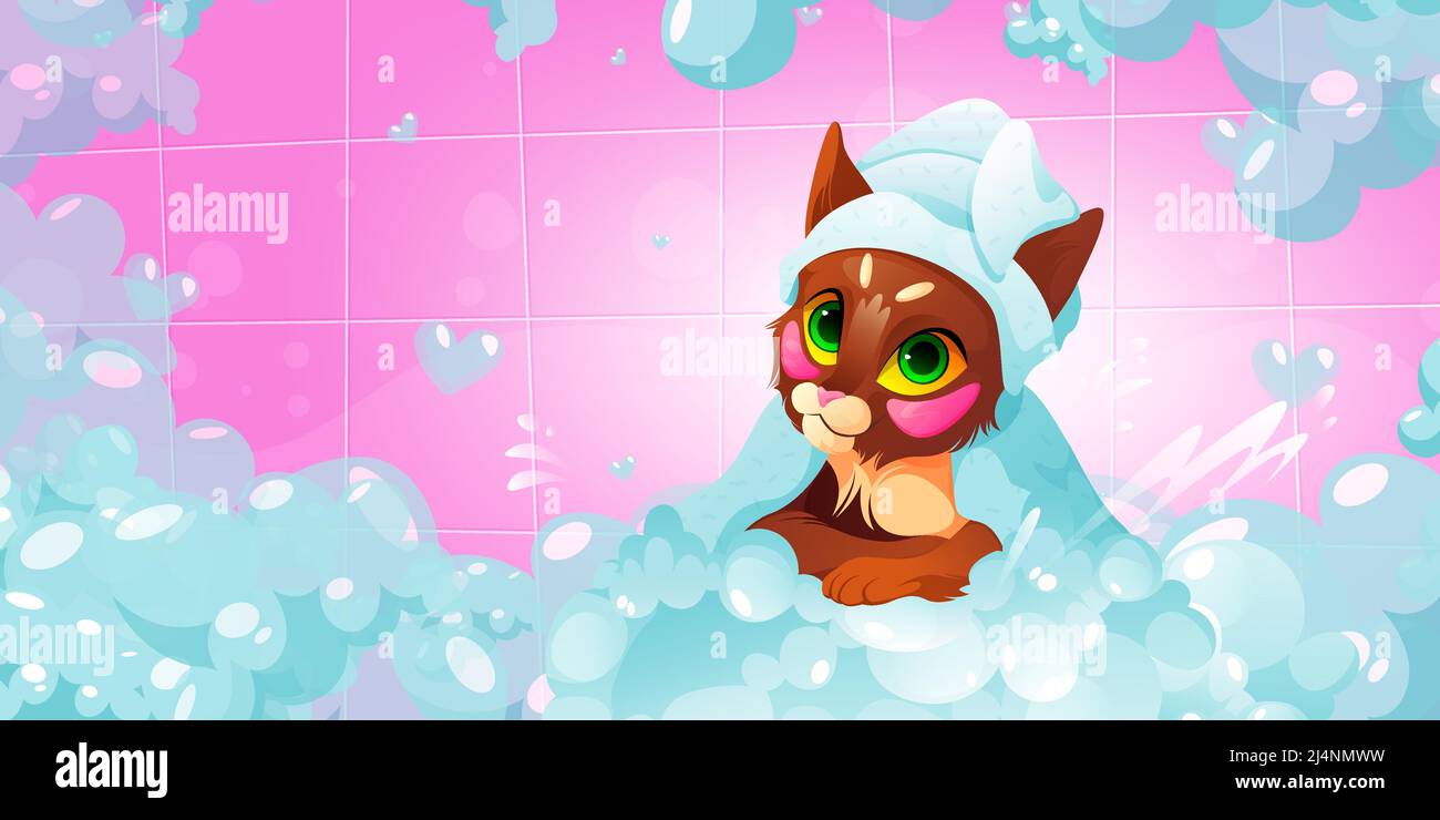 Cute cat in bath in pet grooming salon. Vector cartoon illustration of ...