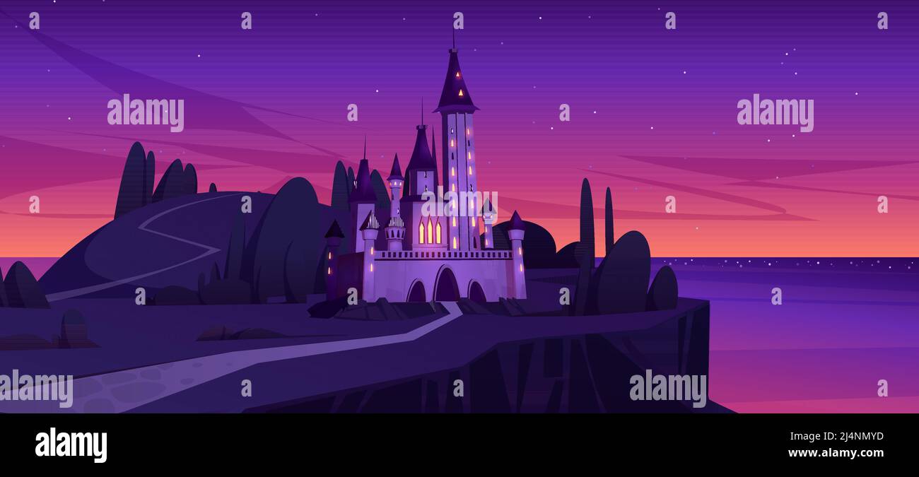 Medieval castle on island in sea after sunset. Vector cartoon ...