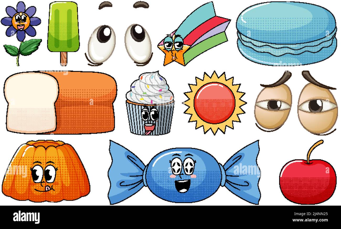 Set of facial expression with vintage style food cartoon on white ...