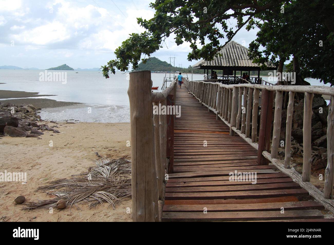 View landscape wooden bridge and boat pier go to Koh Pitak or Ko ...