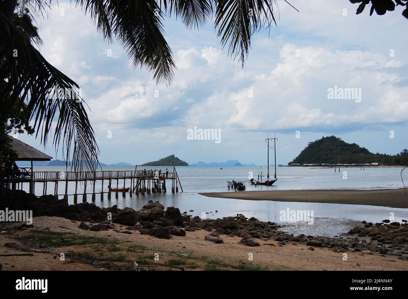 View landscape wooden bridge and boat pier go to Koh Pitak or Ko ...