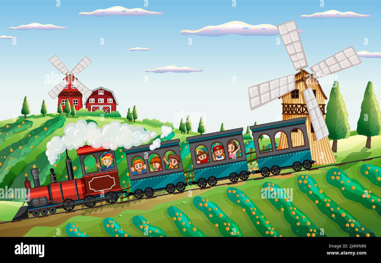 Train ride in the countryside illustration Stock Vector Image & Art - Alamy