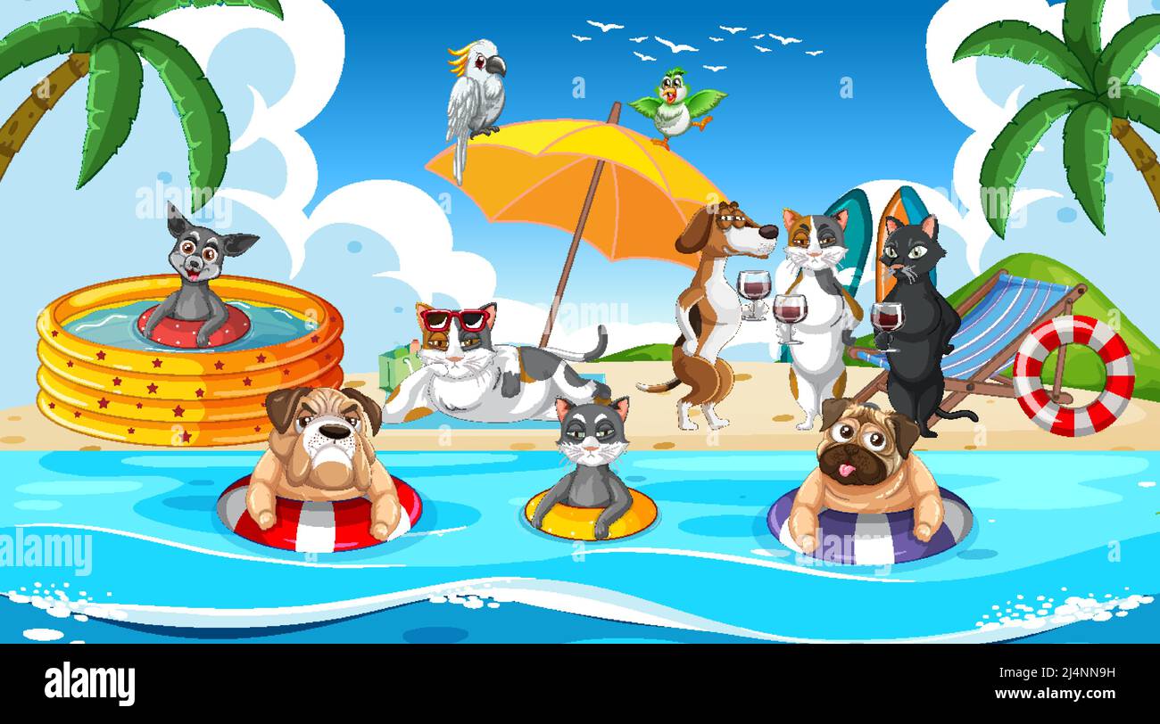 A group of different pet do various activities on the beach ...