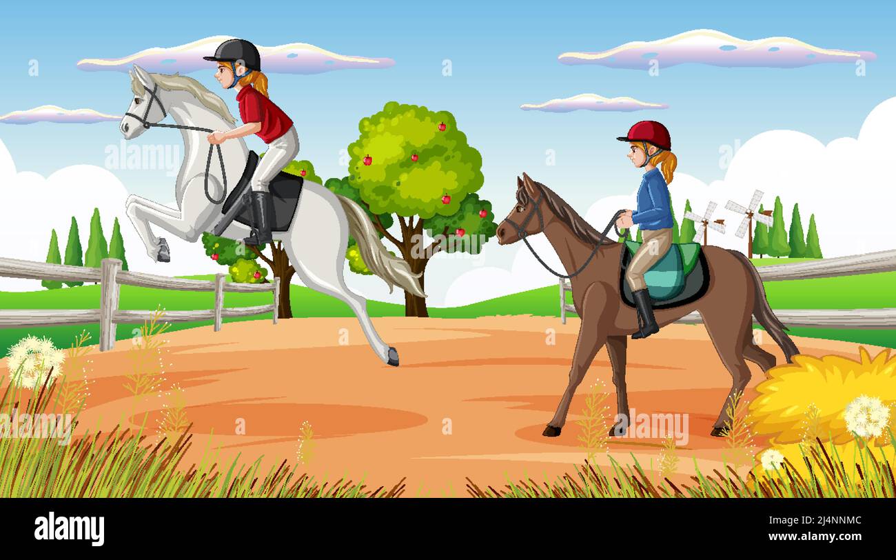 Horse riding scene with jockey and horse illustration Stock Vector ...