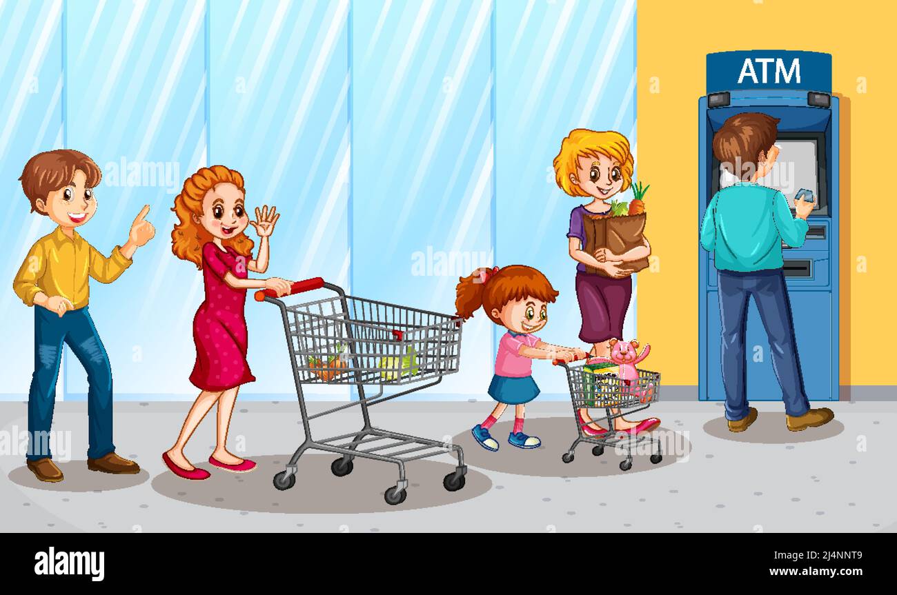 People waiting in line near atm machine illustration Stock Vector Image ...