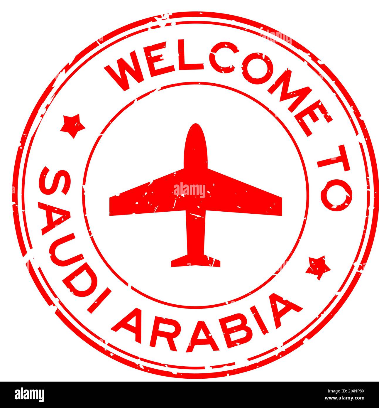 Grunge red welcome to Saudi Arabia word with airplane icon round rubber ...
