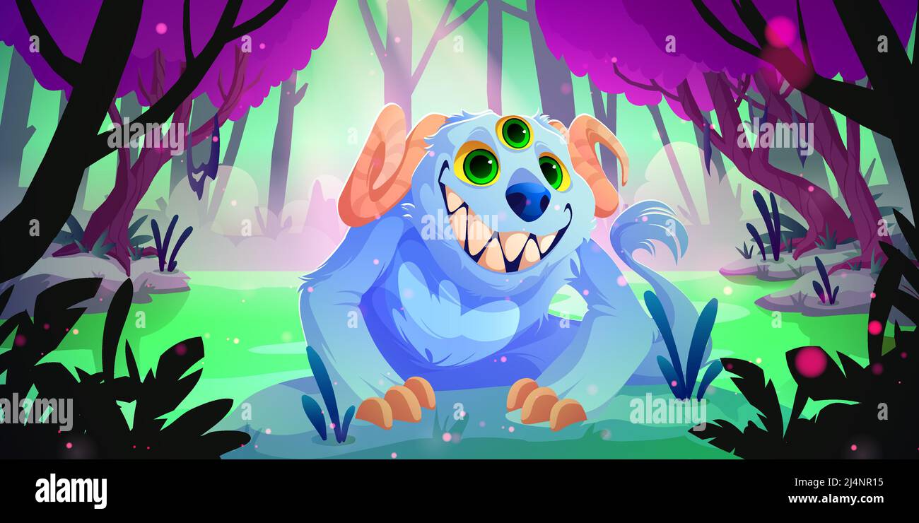 Funny alien monster cartoon character at fantasy nature landscape. Cute ...