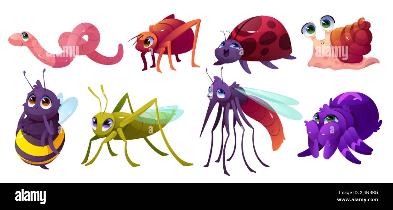 Cute insect characters, ant, bee, spider, grasshopper, ladybug, worm ...