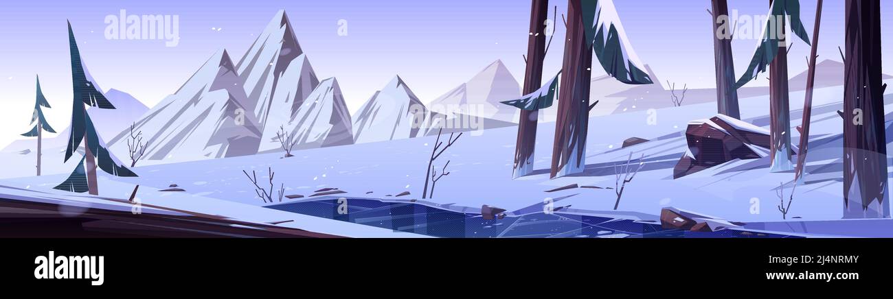 Winter forest nature landscape with frozen pond, conifers trees and ...