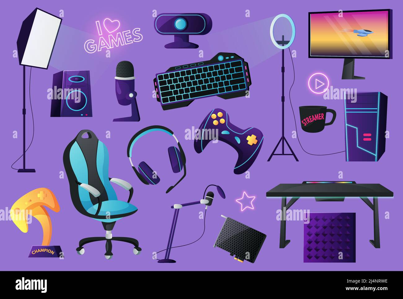 Streamer room assets. Gaming keyboard, chair and headphones. Gamer ...