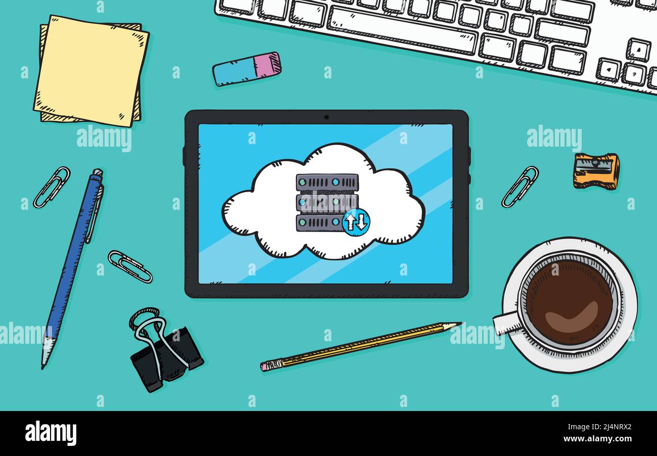 Hand drawn illustration of a laptop lying on a desk with a cloud server ...