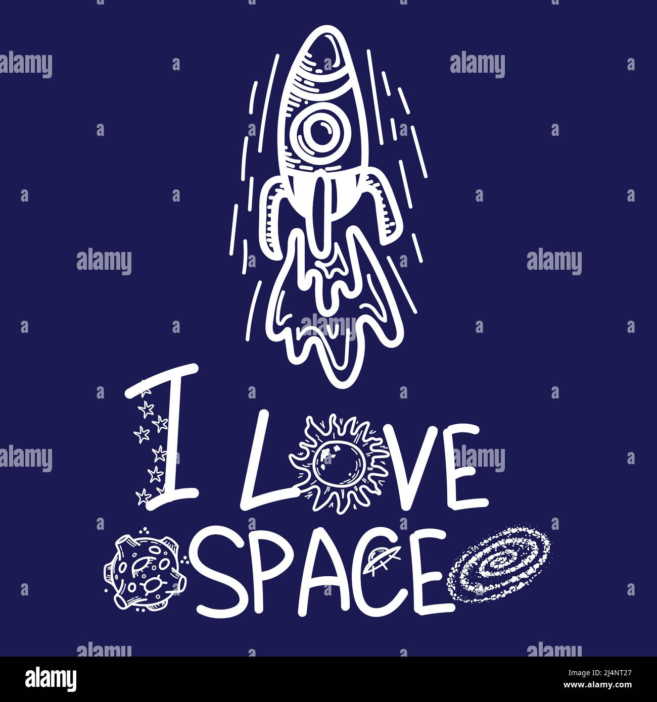 Poster with a rocket taking off and a stylized inscription. I love ...