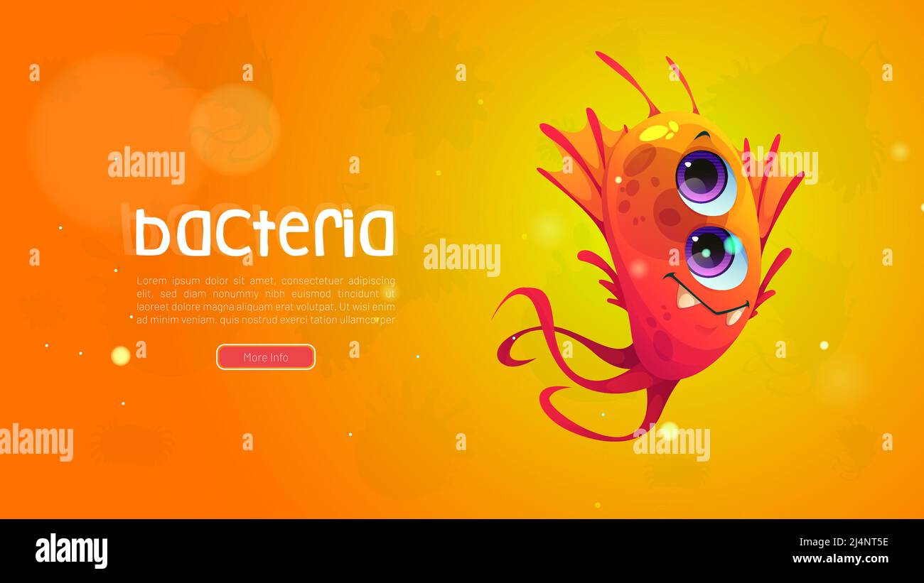 Cartoon bacteria or virus cell web banner. Cute germ character with ...