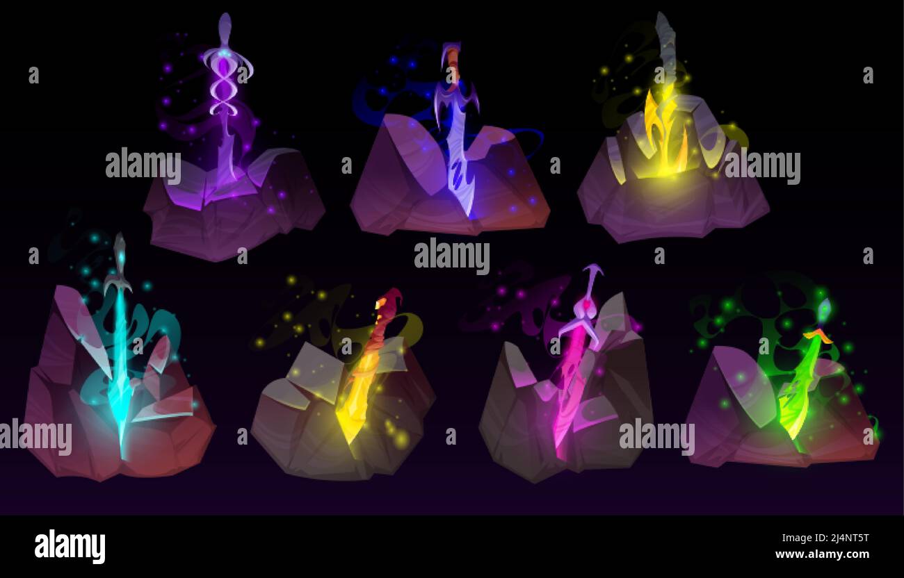 Set of sword in stone, Arthur king excalibur weapon stuck in rock. Game ...