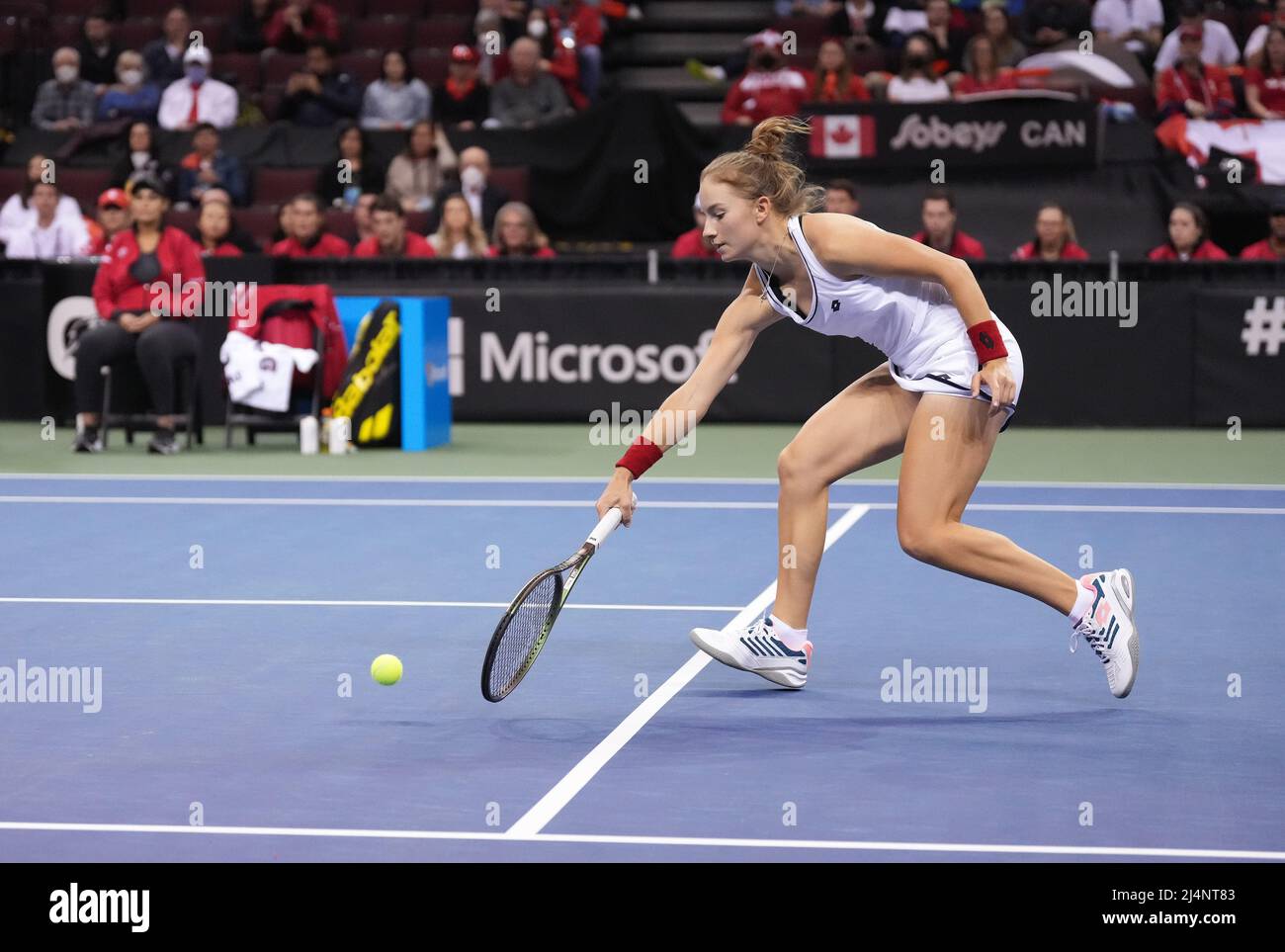 Vancouver, Canada. 16th Apr 2022. Latvia's Daniela Vismane loses a ...