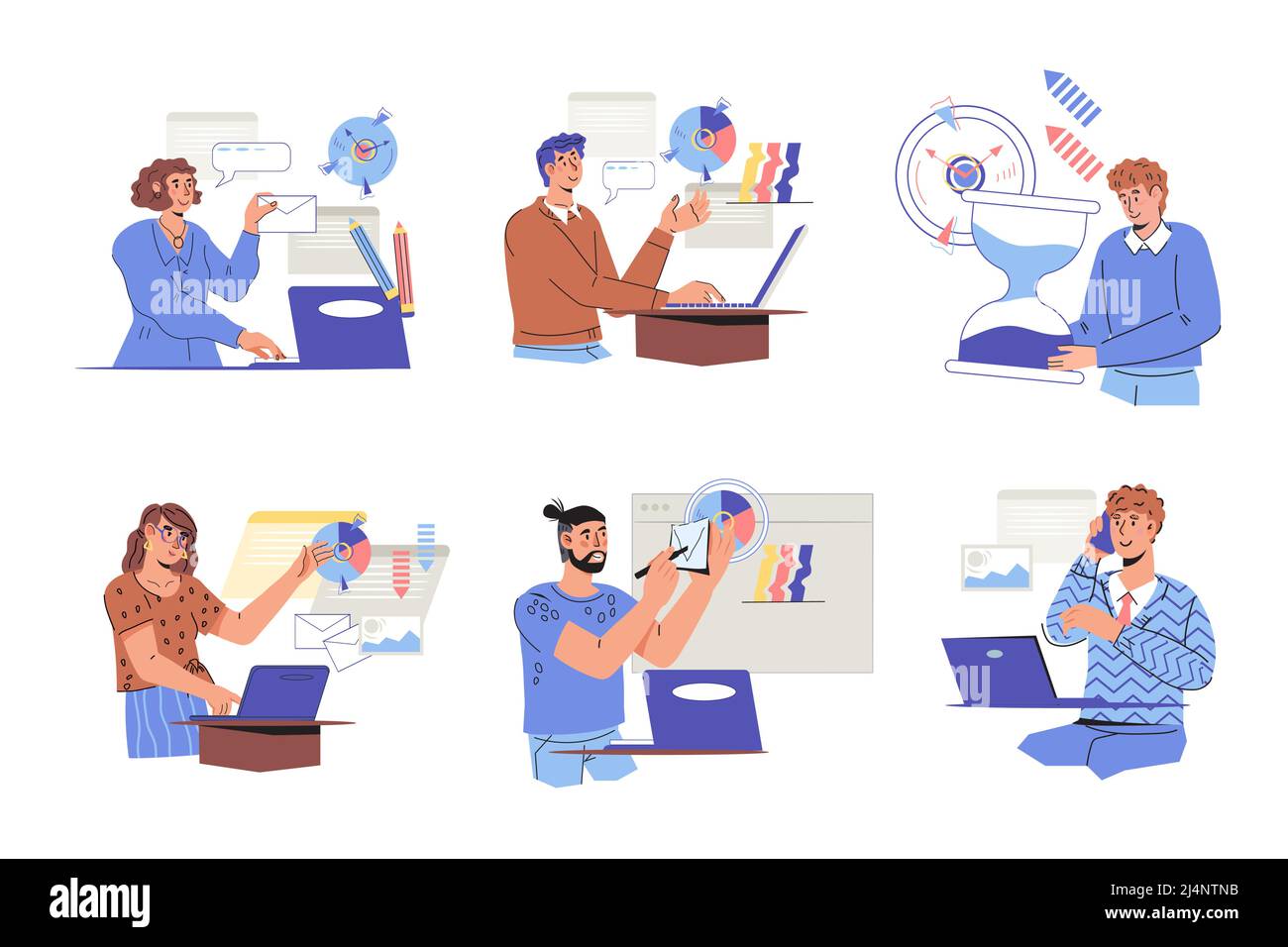 Business scenes with men and women working at home or office, flat ...