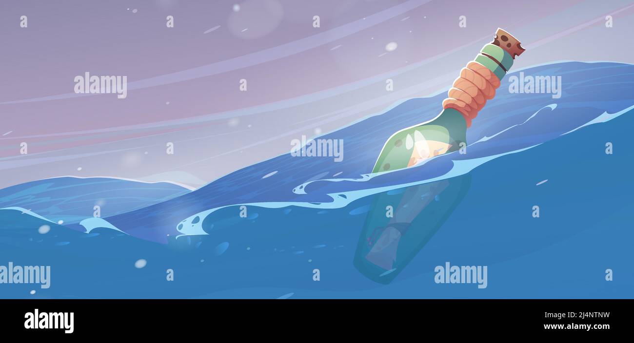 Letter in bottle floating in sea. Vector cartoon illustration of paper ...
