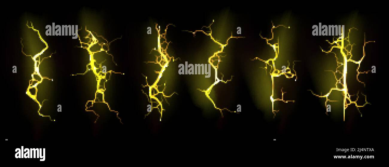 Set of yellow lightning, electric thunderbolt strike during night storm ...
