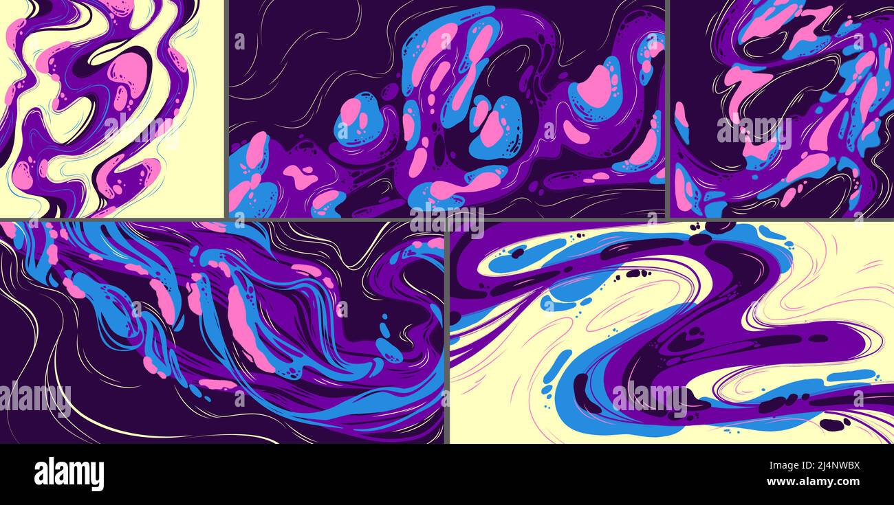 Abstract art backgrounds, modular paintings with purple, blue, pink and yellow liquid stains ...