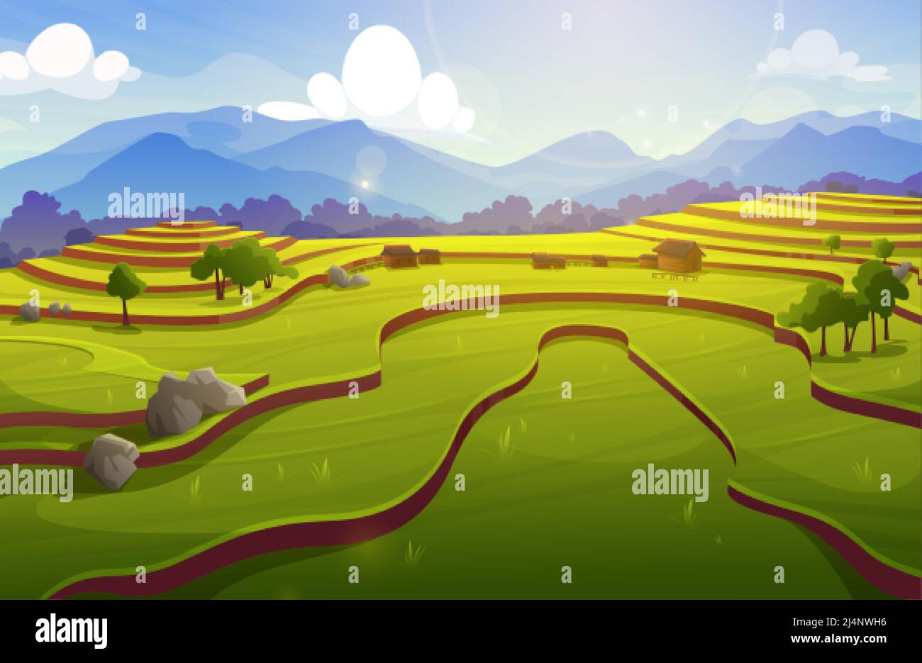 Rice field terraces, asian green paddy and farm houses. Vector cartoon ...