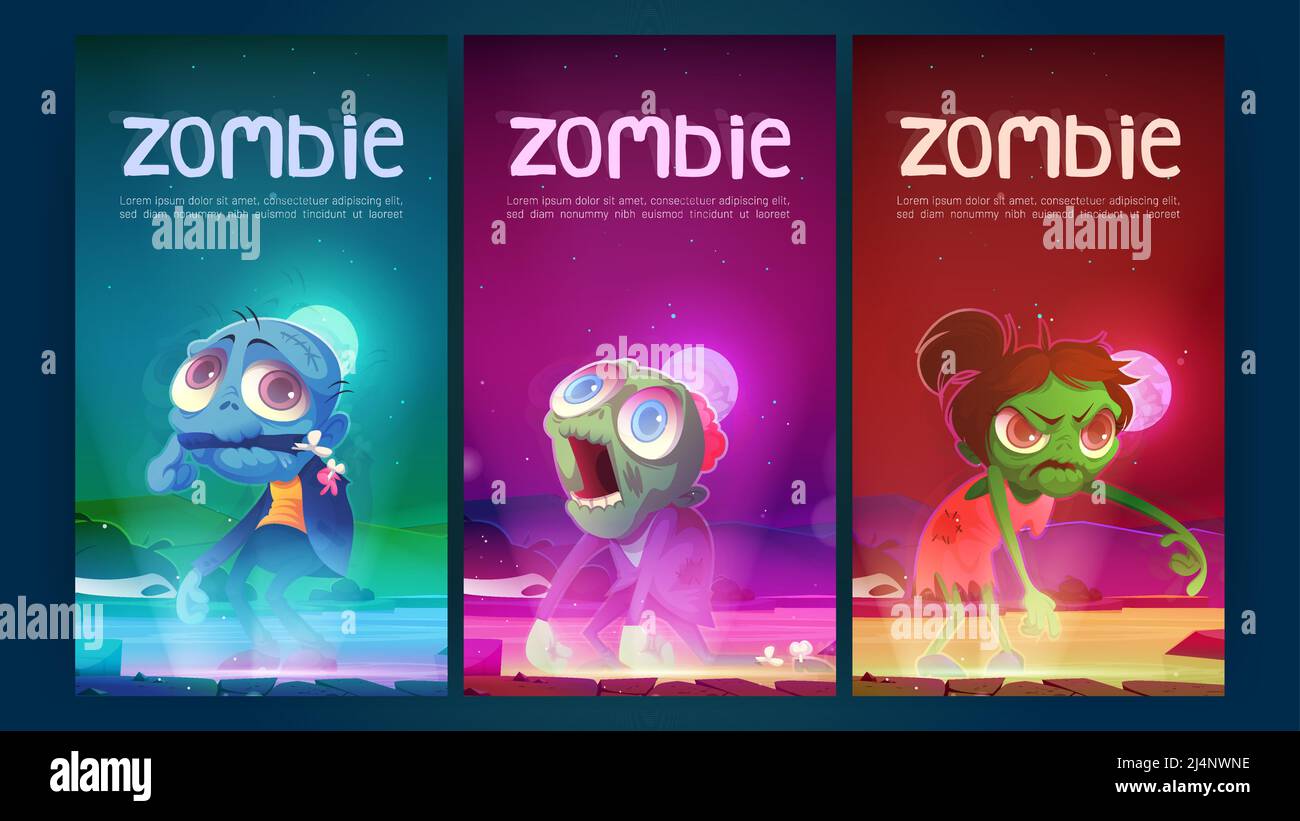 Zombie posters with creepy undead characters. Vector banners of scary ...